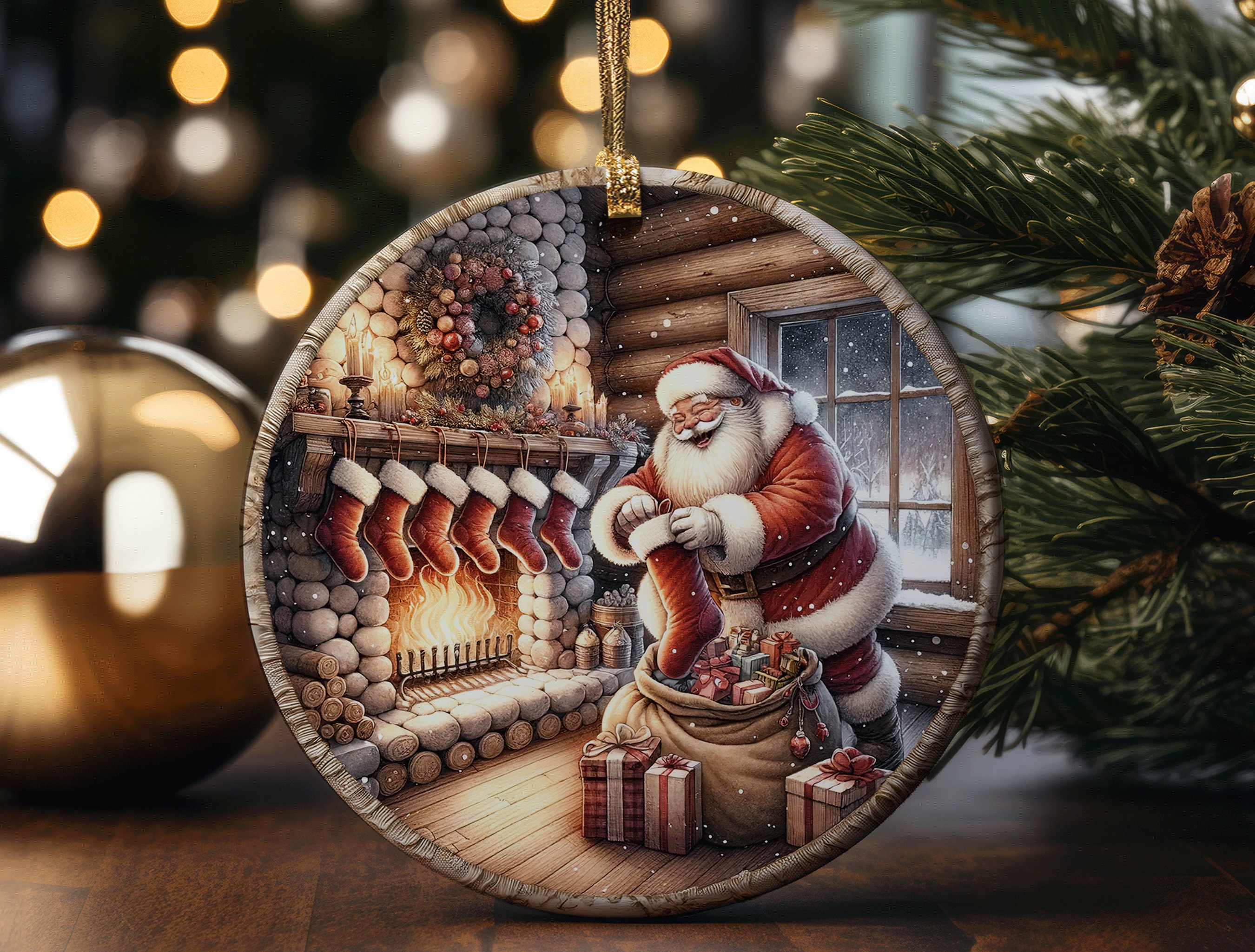 Santa Christmas Ornaments Circle Ornament Sublimation Designs Printable ...