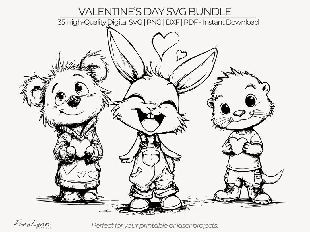 Valentine's Day Animals SVG Bundle | 35 Funny Animal Line Art | Art ...