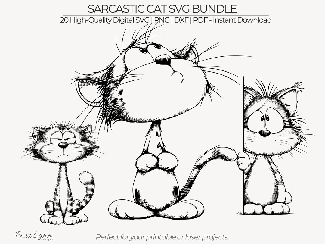 Sarcastic Cat SVG Bundle, 20 Animal Line Art, Clipart, Printable, Laser ...