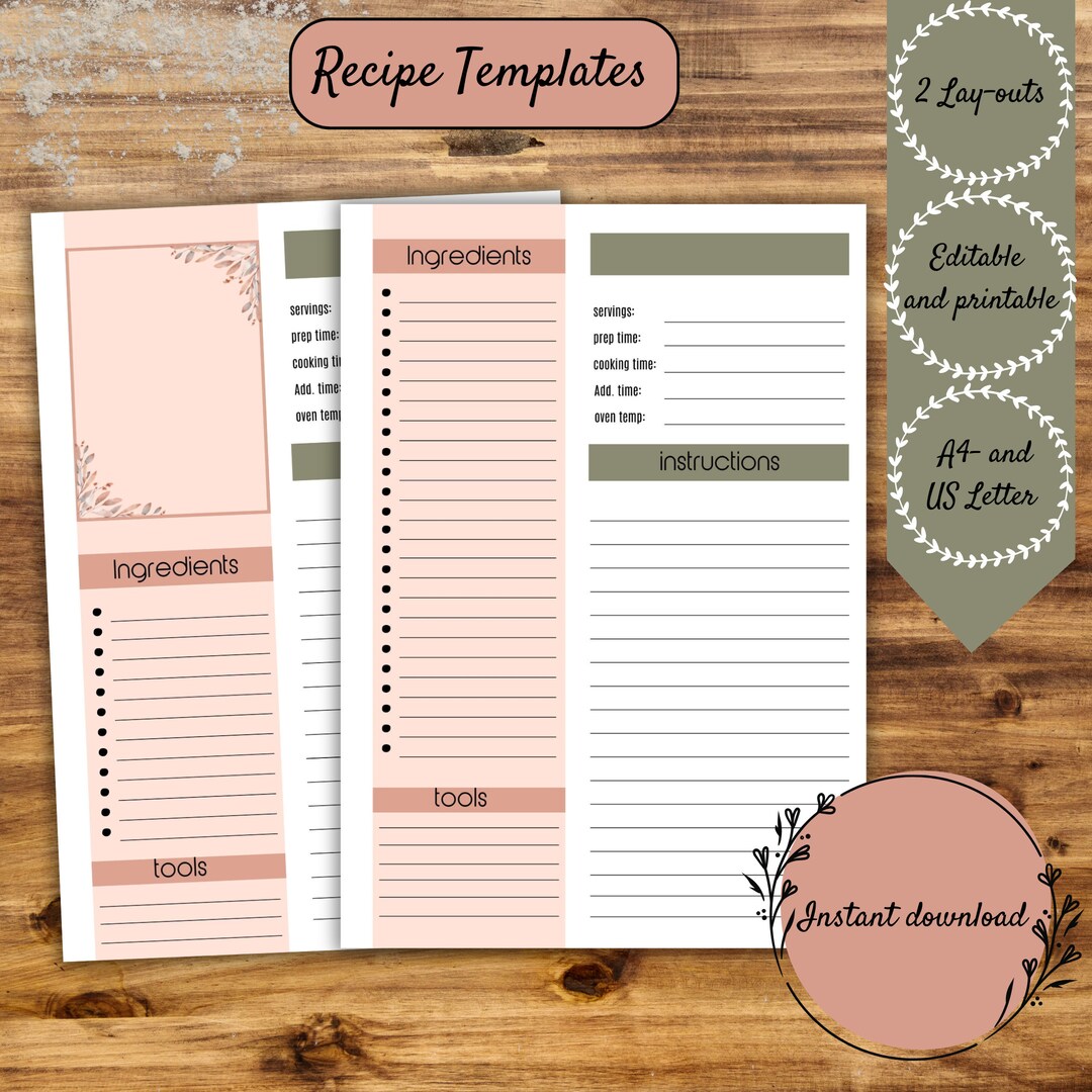 Editable Printable Recipe Template for Cooking and Baking Recipe Book ...