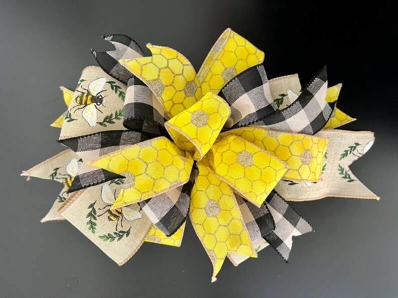 Summer Fall Bee and Hive Farmhouse Wired Bow With Black Check Ribbon - Etsy