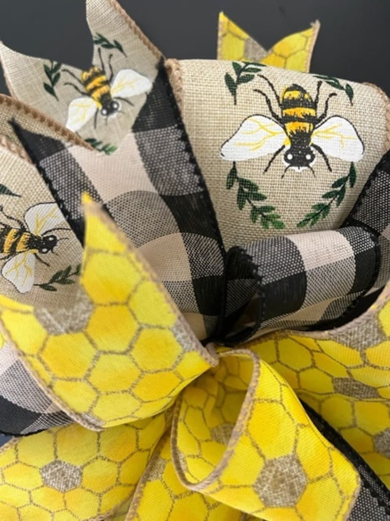Summer Fall Bee and Hive Farmhouse Wired Bow With Black Check Ribbon - Etsy