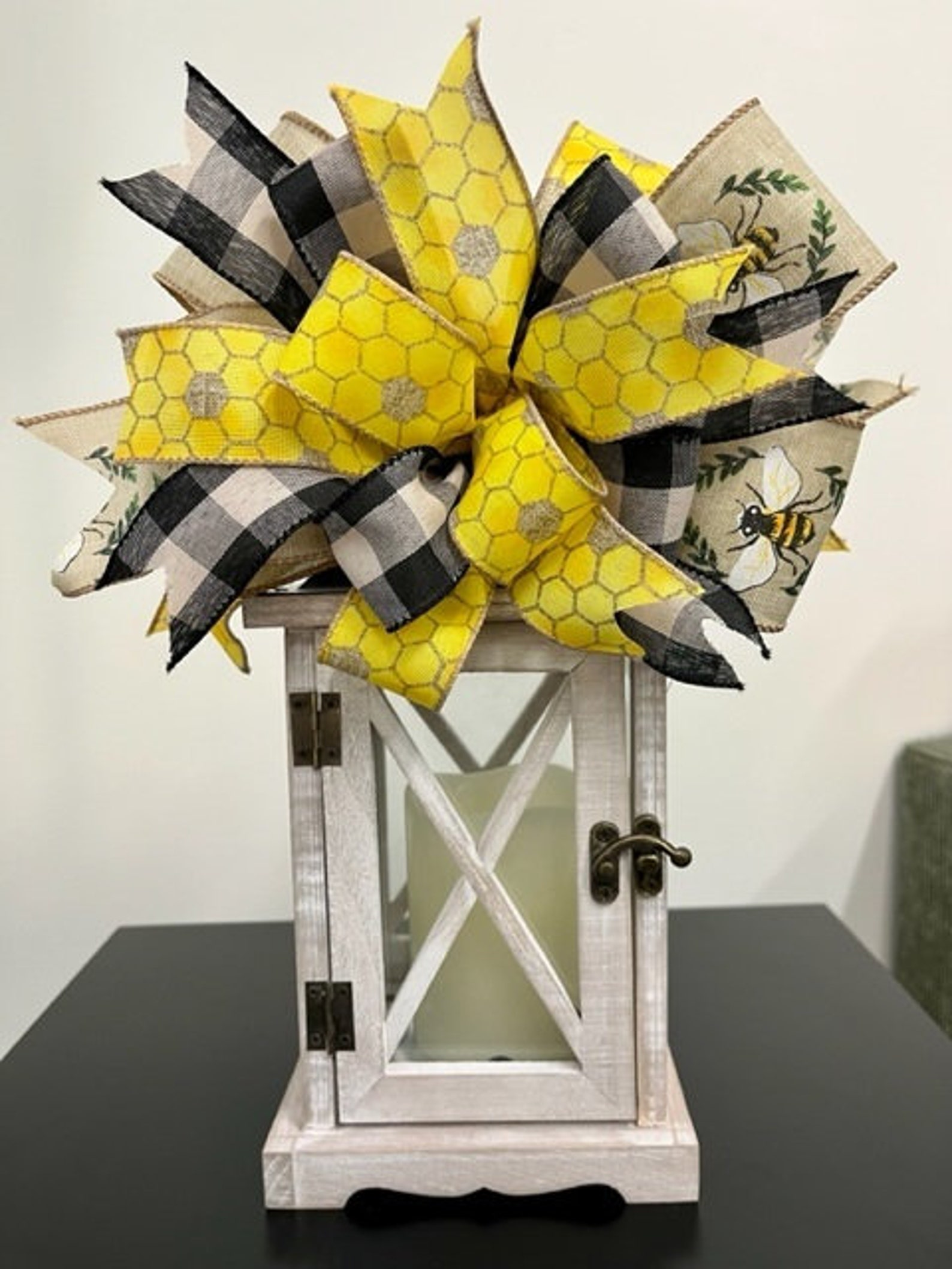 Summer Fall Bee and Hive Farmhouse Wired Bow With Black Check Ribbon - Etsy