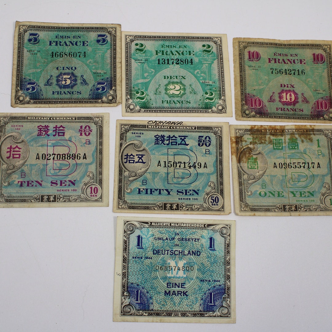 Group of 7 WWII Military Currency Notes - American, German, and French ...