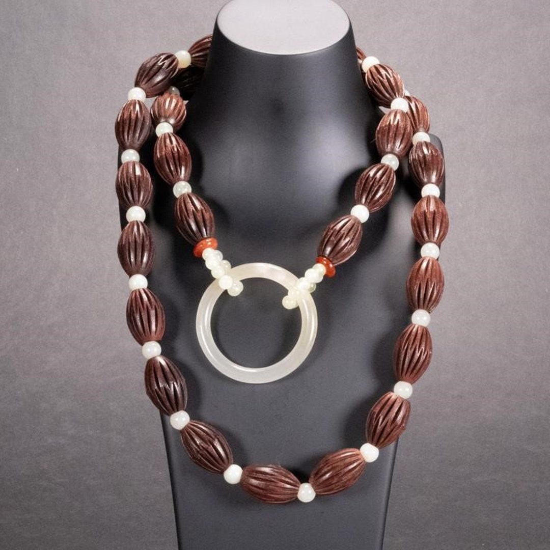 Vintage Chinese Carved Wood and Light Green Jade - 36" Necklace With Large Jade Loop at End ...