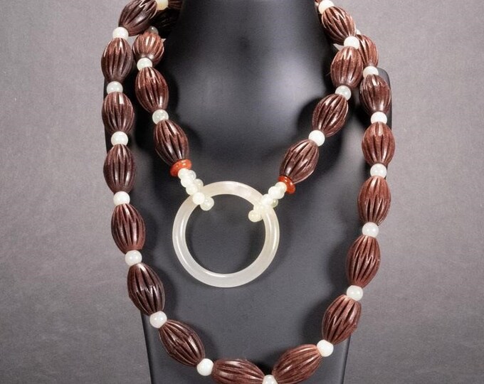 Vintage Chinese Carved Wood and Light Green Jade - 36" Necklace With ...