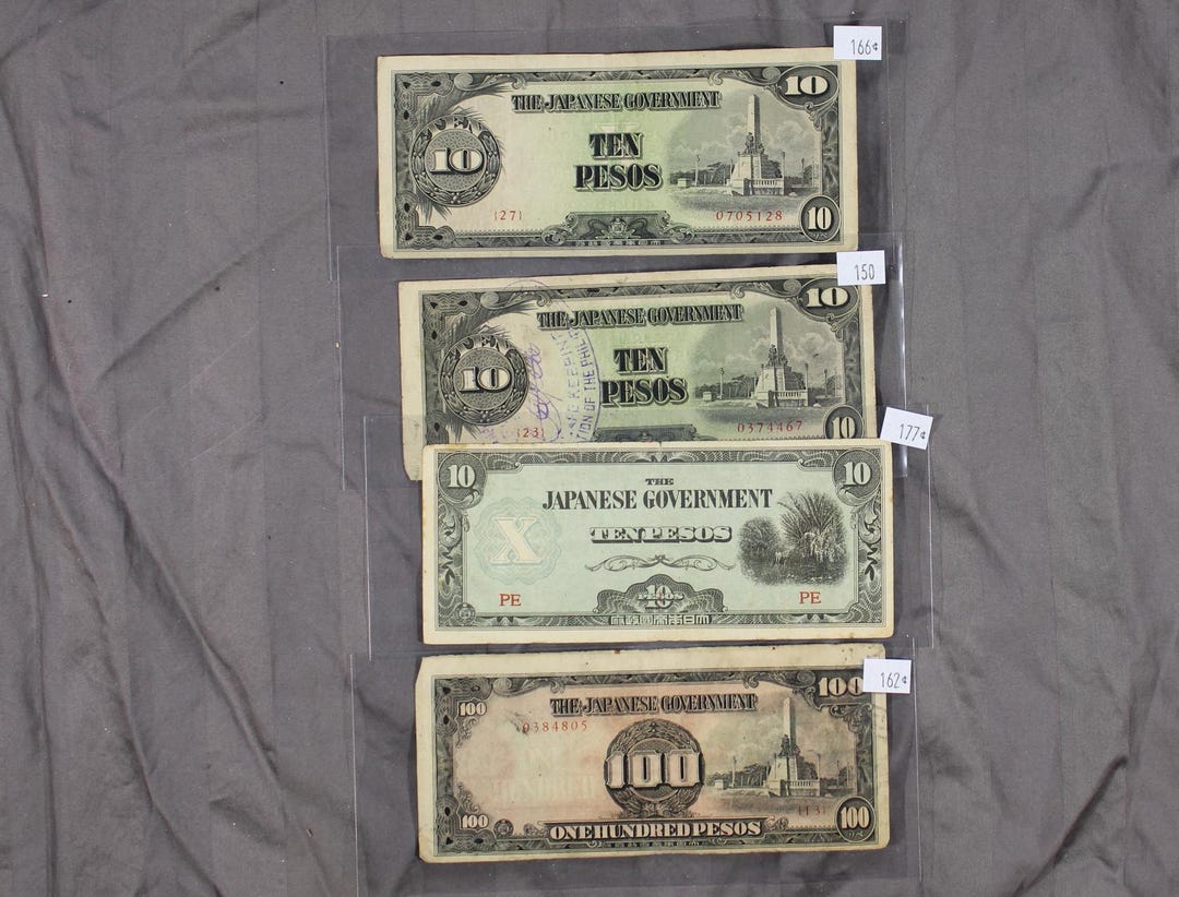 Four WWII Japanese Occupation Banknotes - 3-10 Peso Notes and 1-100 ...