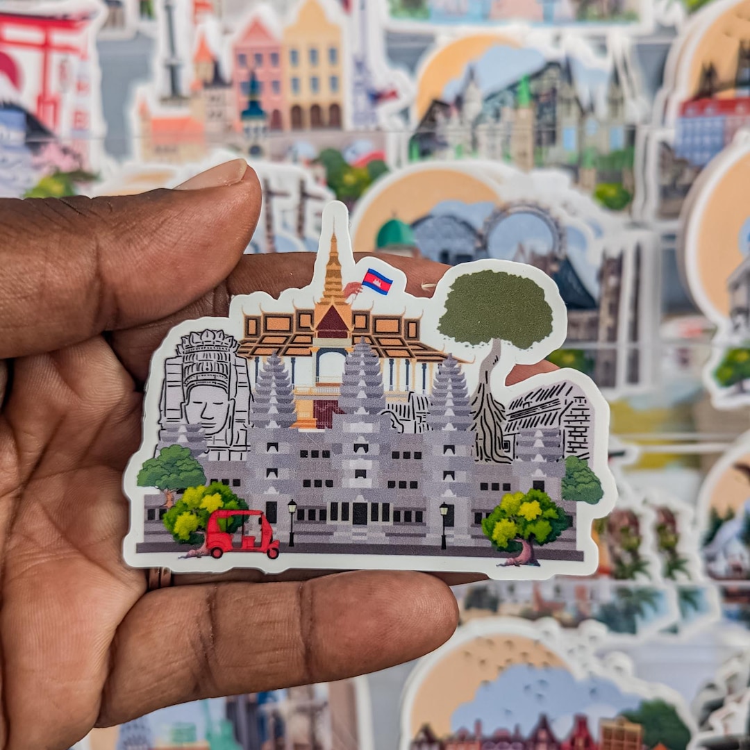 Cambodia Sticker, Illustrated Cambodia Landmarks Sticker, Angkor Wat ...