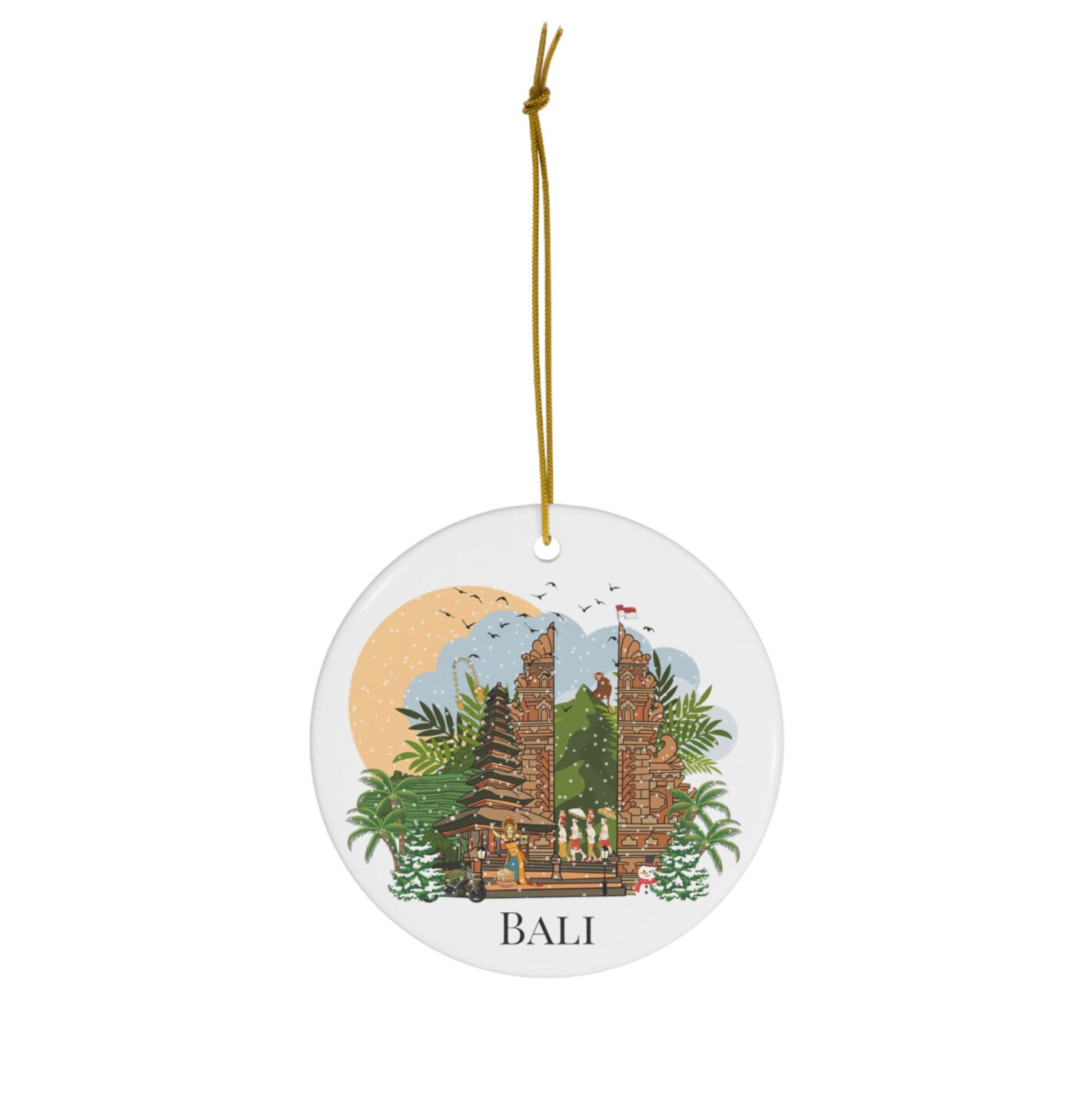 Bali Inspired Christmas Ornament, Snowy Indonesia Scene, Illustrated ...
