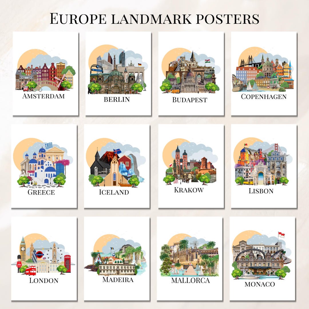 Europe Prints, Europe Landmark Print Pack, Illustrated City Poster Set ...