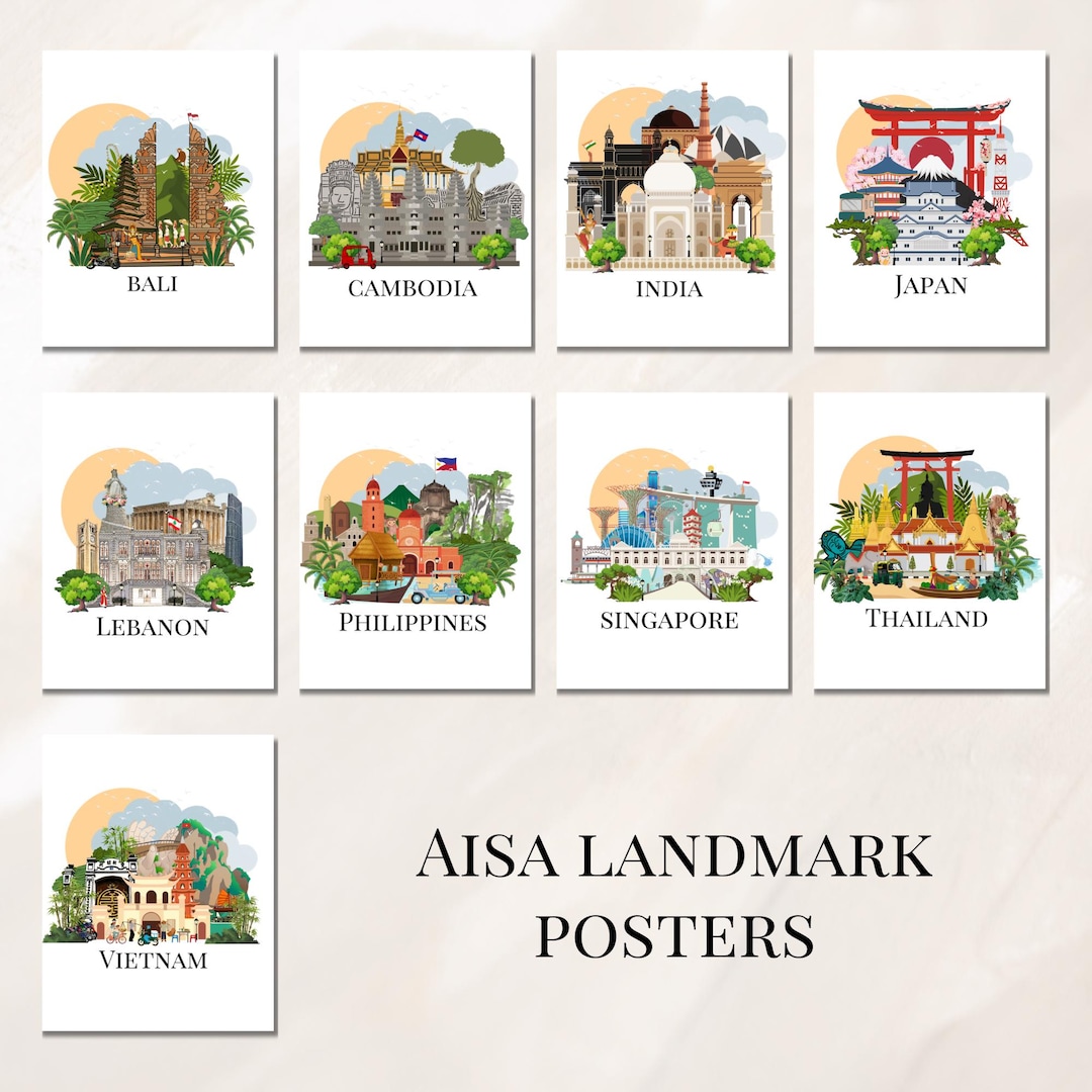 Asia Travel Prints, Asia Landmark Print Pack, Illustrated City Poster ...