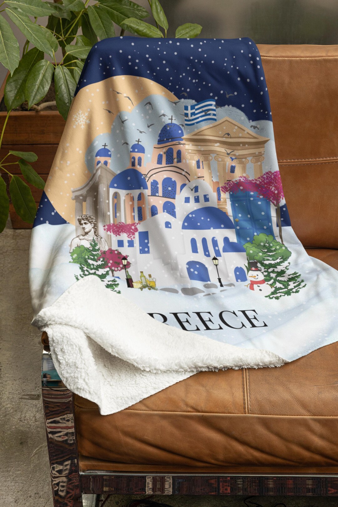 Greece Themed Fleece Throw, Sherpa Blanket, Cozy Greek Design Bedding ...