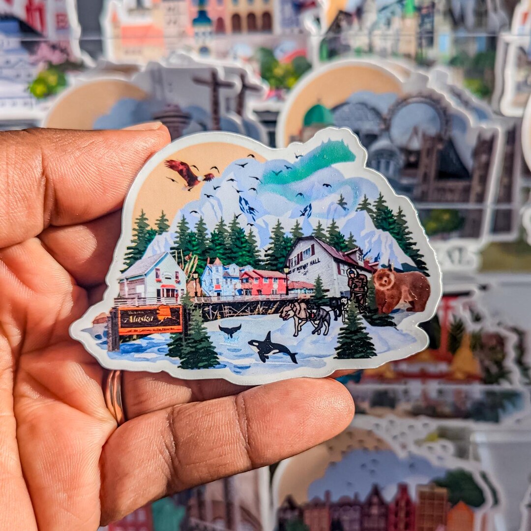Alaska Sticker, Illustrated Alaska Landmarks Sticker, Travel Stickers ...