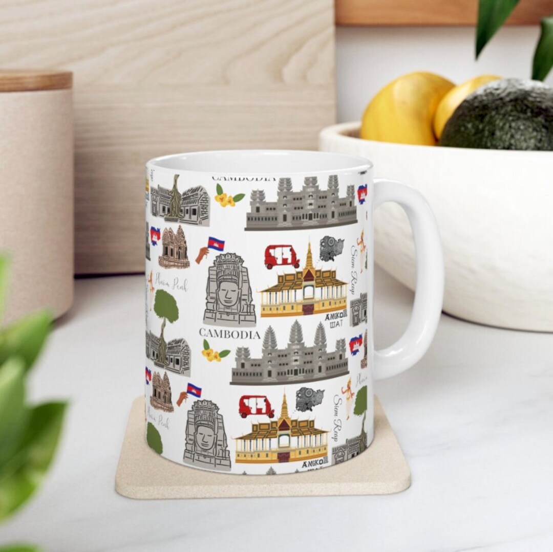 Cambodia Coffee Mug, Cambodia Inspired Mug, Colourful Illustrated ...