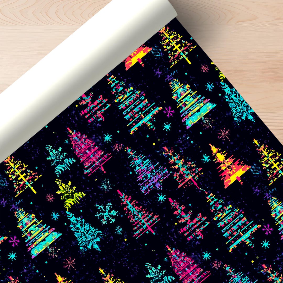Glitchmas Trees Gift Wrap - Retro Synthwave Pixel Art Holiday Wrapping ...