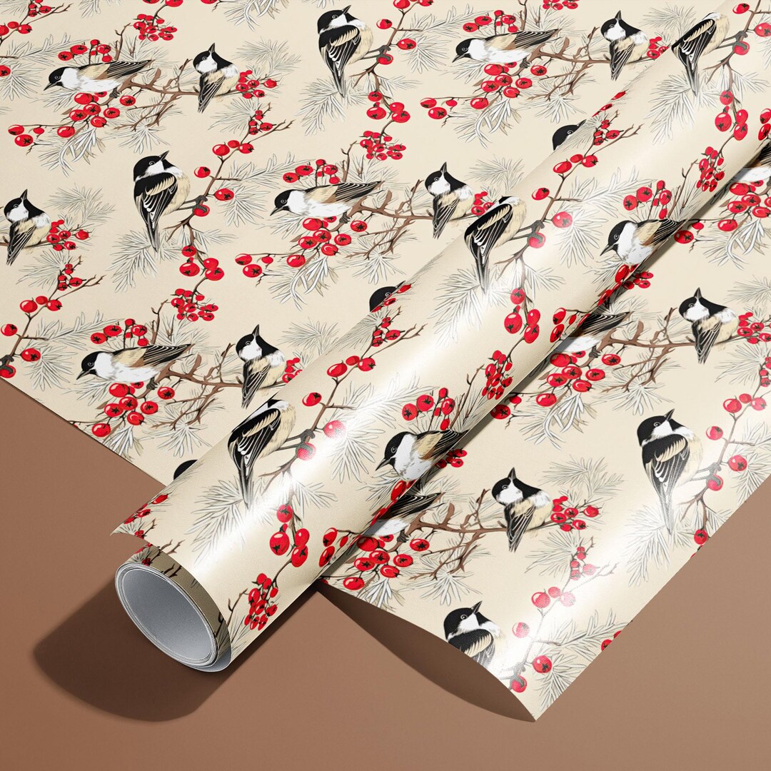 Bird & Berry Wrapping Paper: Japanese-inspired Chickadee Design - Etsy