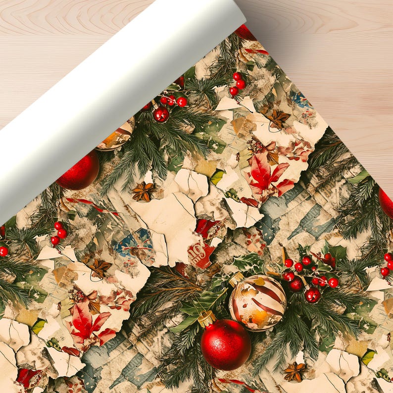 Vintage Christmas Wrapping Paper - Rustic Holiday Giftwrap, Satin ...