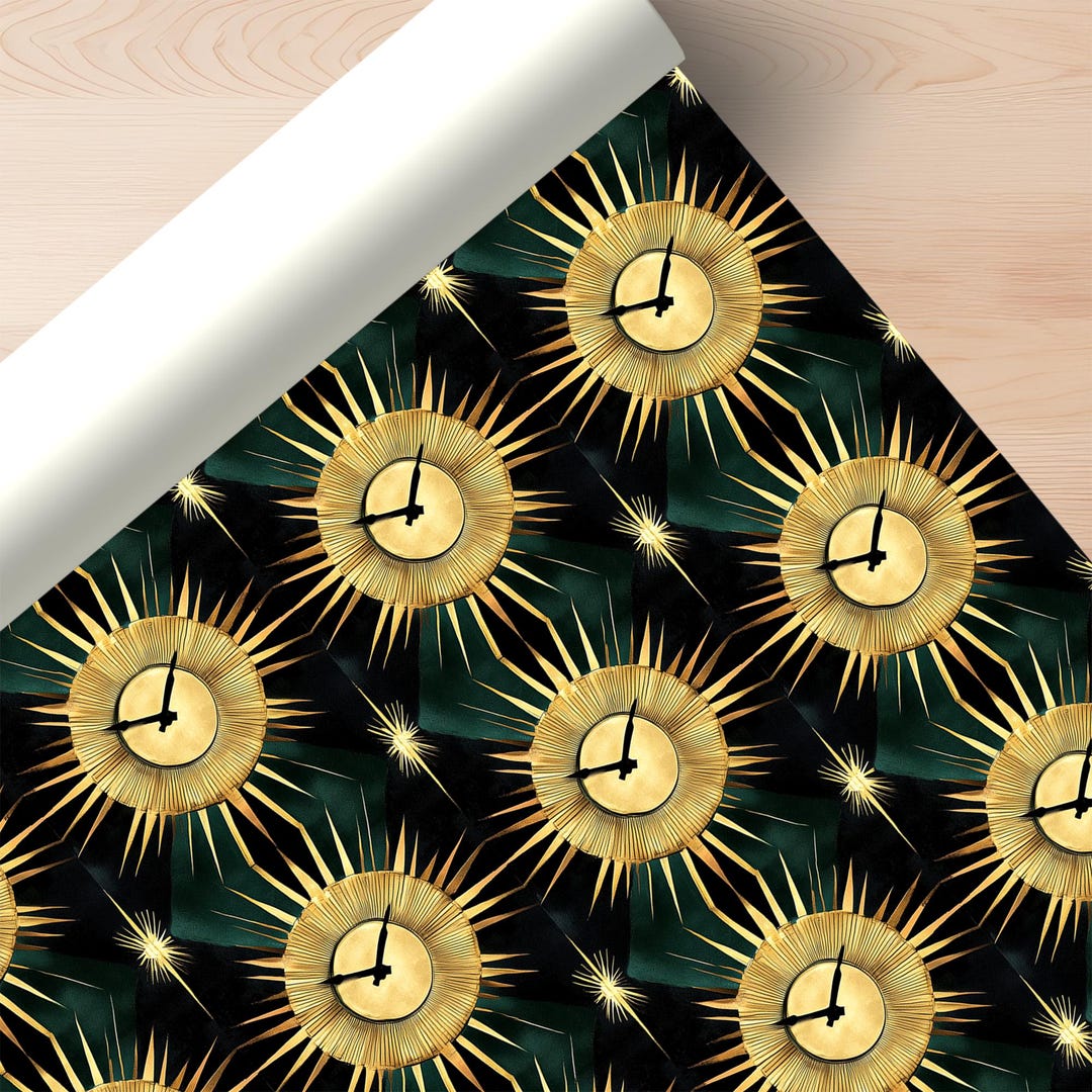 Sunburst Clocks Gift Wrap Retro Art Deco Celestial Clock Theme Wrapping ...
