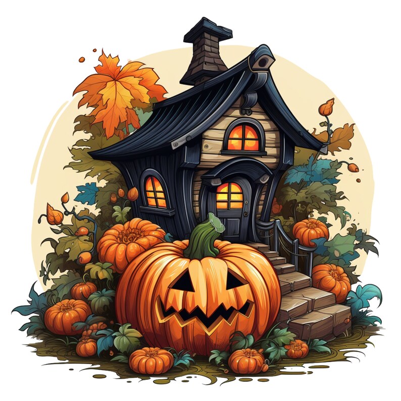 Set of Watercolor Vintage Pumpkin House, Fall PNG for Commercial Use ...