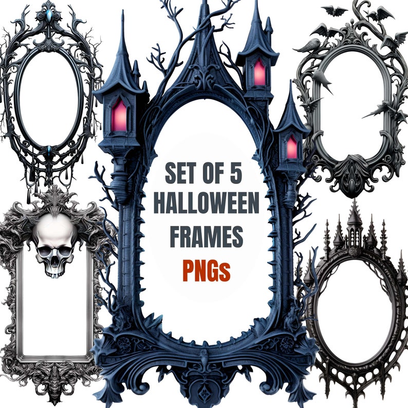 Spooky Halloween Frame Clipart: Gothic Black Border Bundle (PNG Digital ...