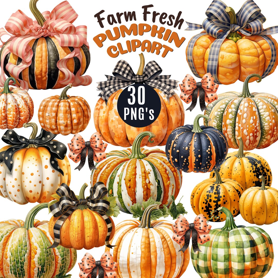 A Set of 30 Fall Pumpkin Clip Art PNG: Rustic Autumn Watercolor ...