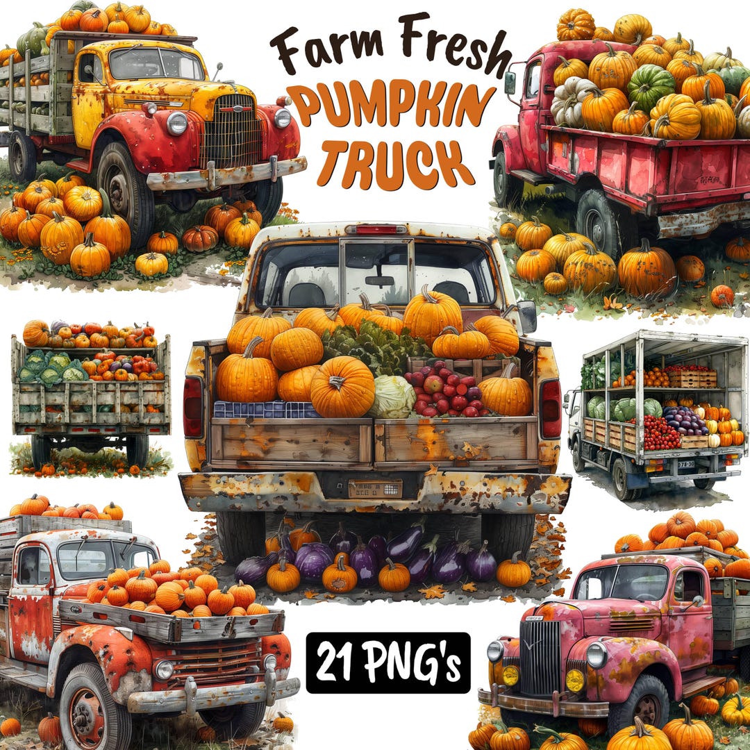 A Set of 21 Fall Pumpkin Truck Clip Art PNG: Rustic Autumn Watercolor ...