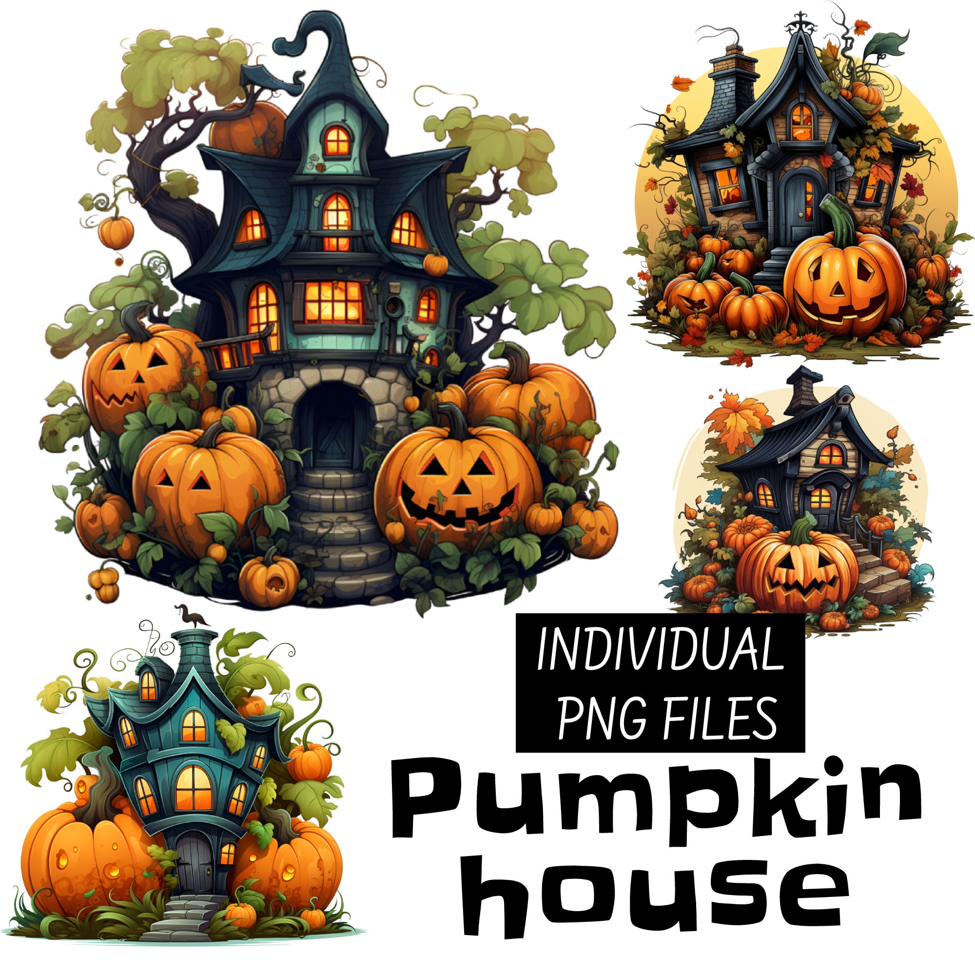 Set of Watercolor Vintage Pumpkin House, Fall PNG for Commercial Use ...