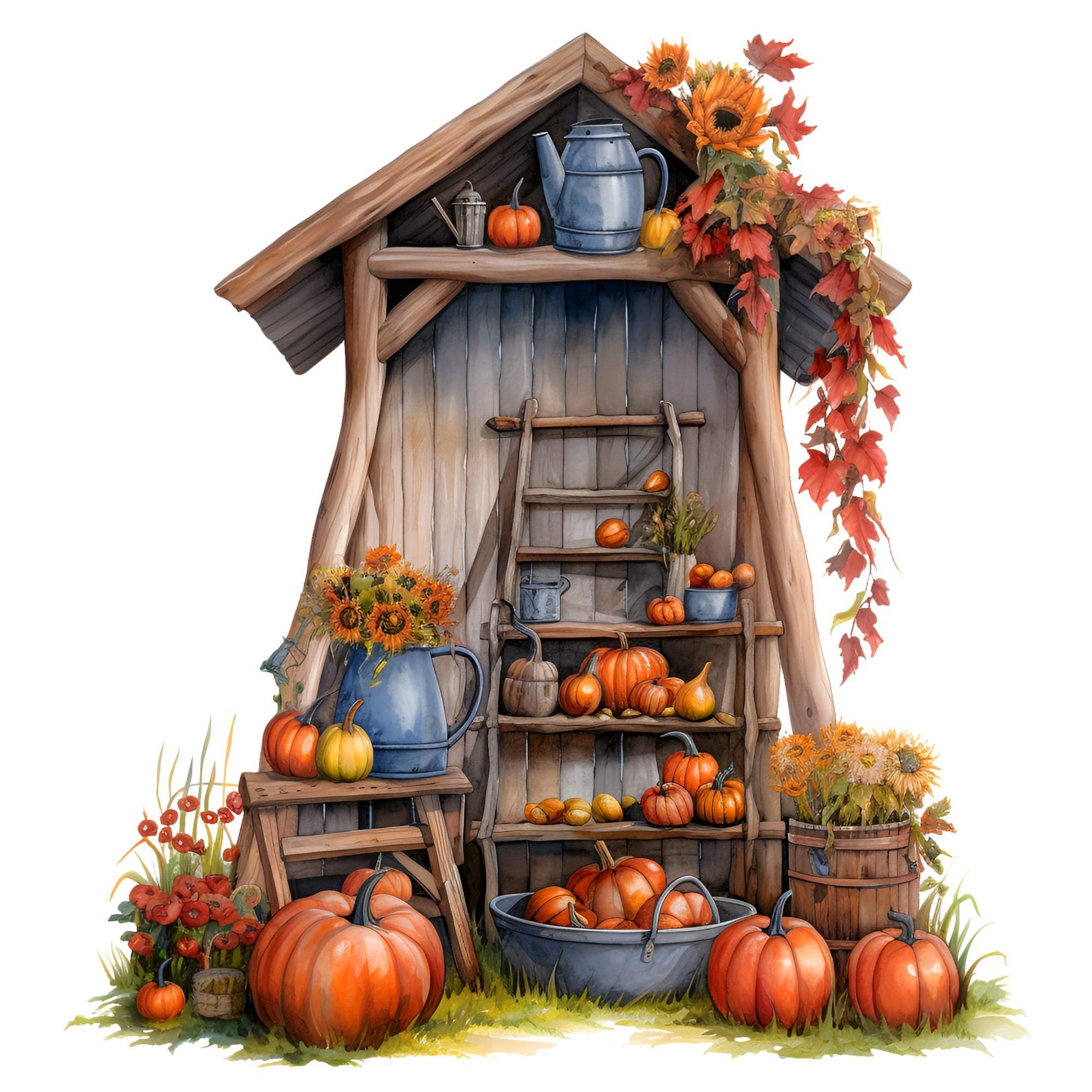 Set of 6 Autumn House Clipart, Fall PNG for Commercial Use POD, Clip ...
