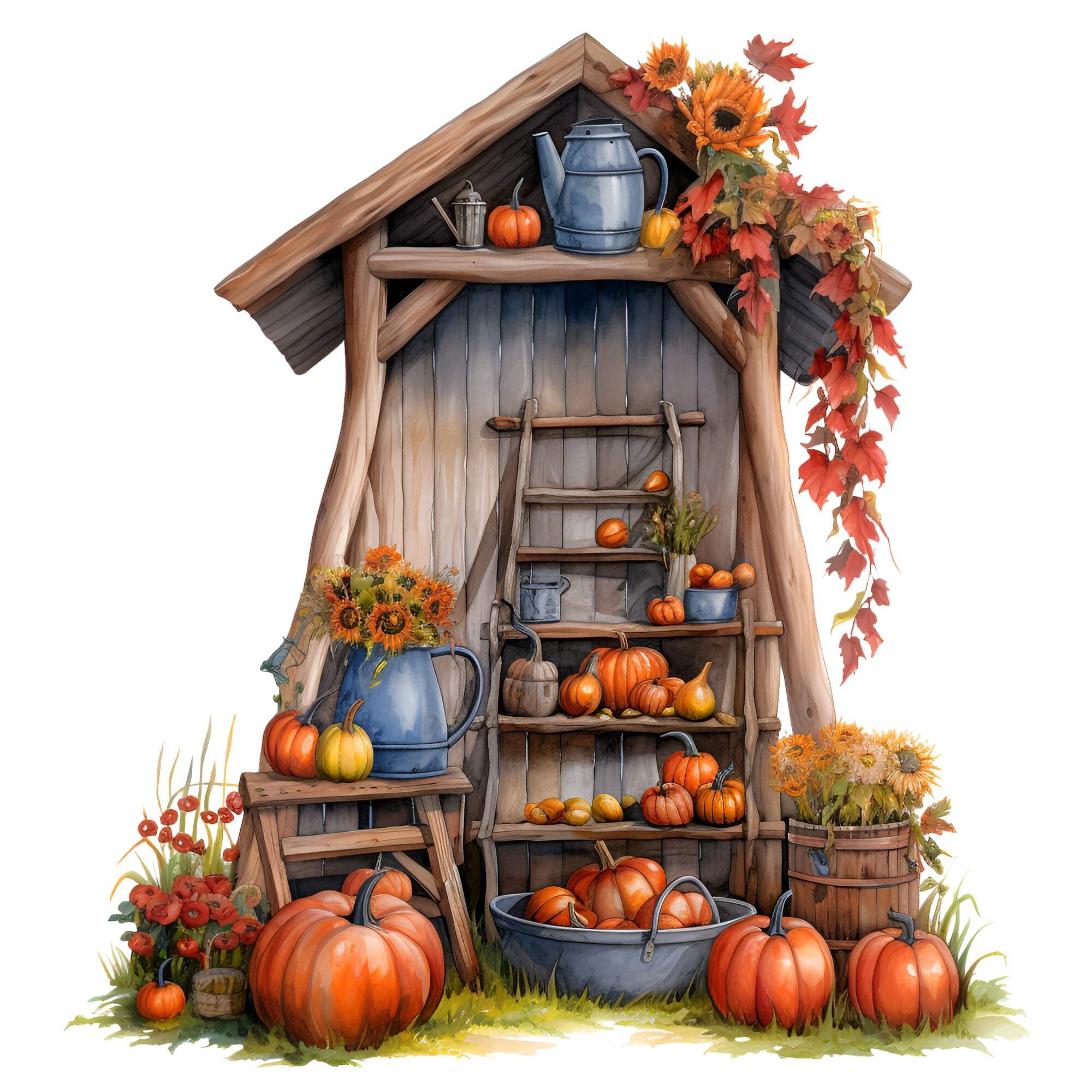 Set of 6 Autumn House Clipart, Fall PNG for Commercial Use POD, Clip ...