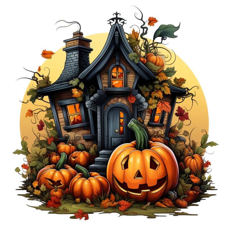 Set of Watercolor Vintage Pumpkin House, Fall PNG for Commercial Use ...