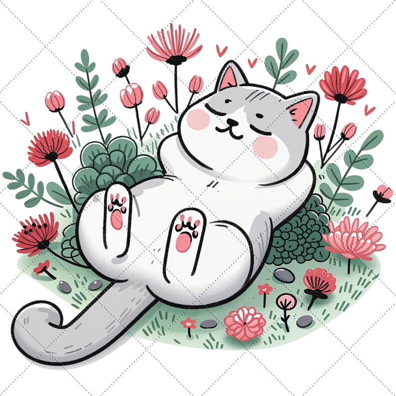 30 Summer Kittens Digital Stickers, 2D Flat Floral Cat Clipart ...