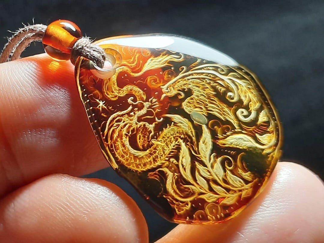 Baltic Amber Dragon and Phoenix Pendant, Hand Carved Yin Yang Necklace ...