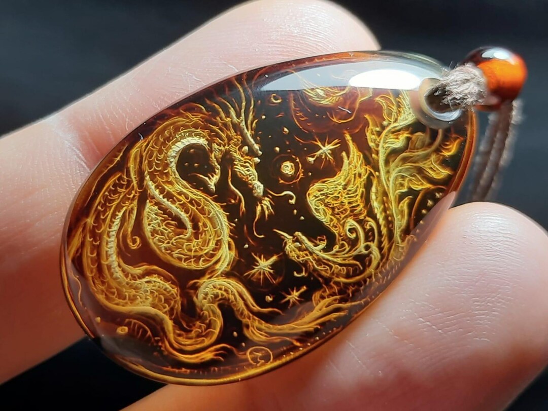 Baltic Amber Dragon and Phoenix Pendant, Hand Carved Yin Yang Necklace ...