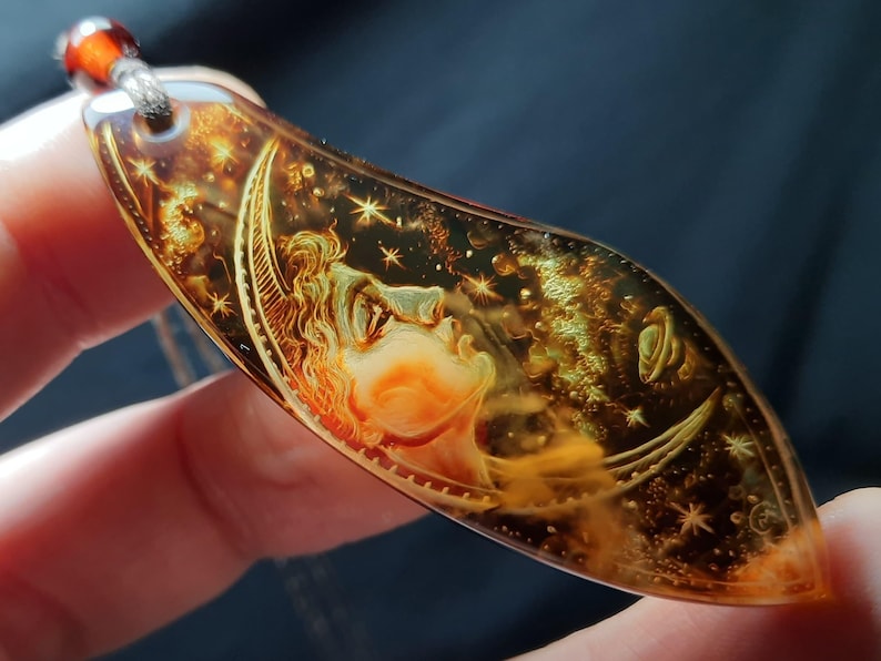 Moon Amber Pendant • Crescent Moon Necklace • Natural Baltic Amber ...
