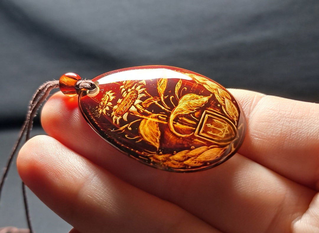Amber Pendant Sunflowers and Coat of Arms of Ukraine - Etsy