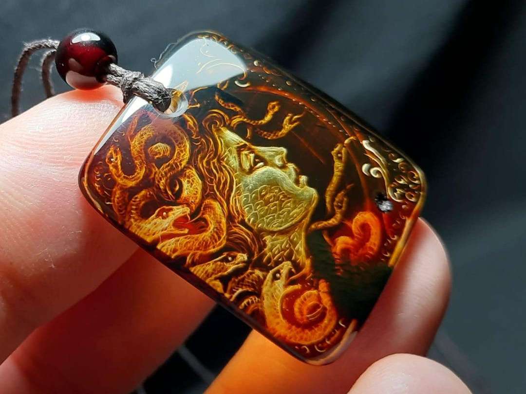 Handmade Amber Necklace With Medusa Gorgon Design Natural Gemstone ...