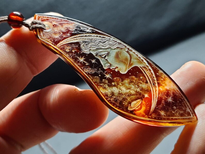 Moon Amber Pendant • Crescent Moon Necklace • Natural Baltic Amber ...