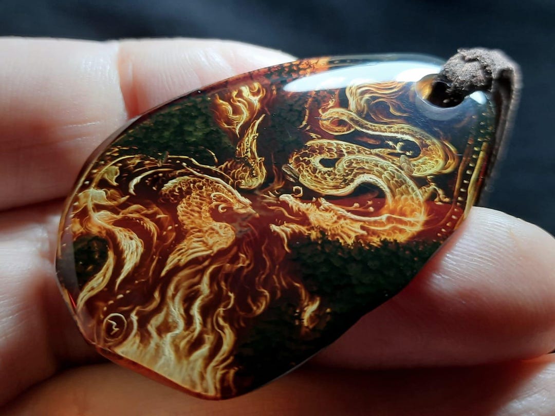Large Baltic Amber Dragon and Phoenix Pendant, 6.42g Masterpiece Yin ...
