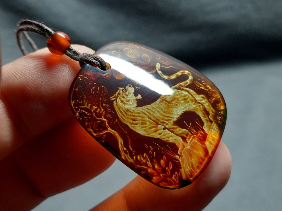 Hand-carved Amber Tiger Pendant – Baltic Amber Necklace | Wildlife ...