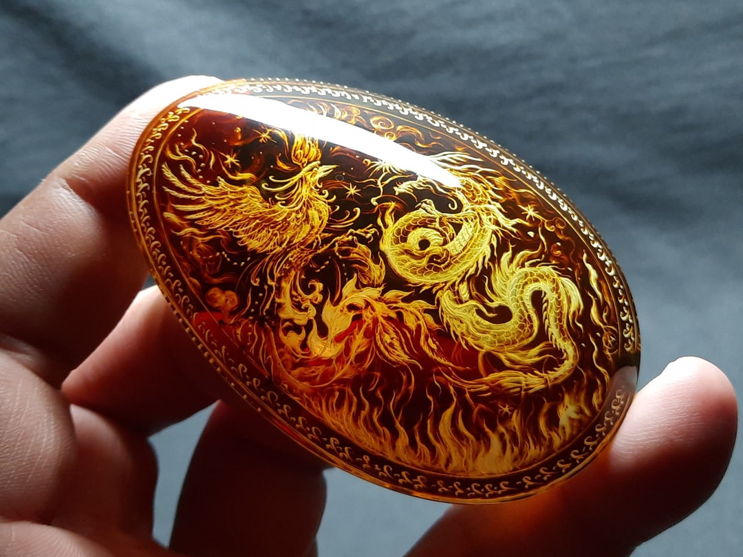 Hand-carved Phoenix & Dragon Amber Statement Pendant – Massive Baltic ...