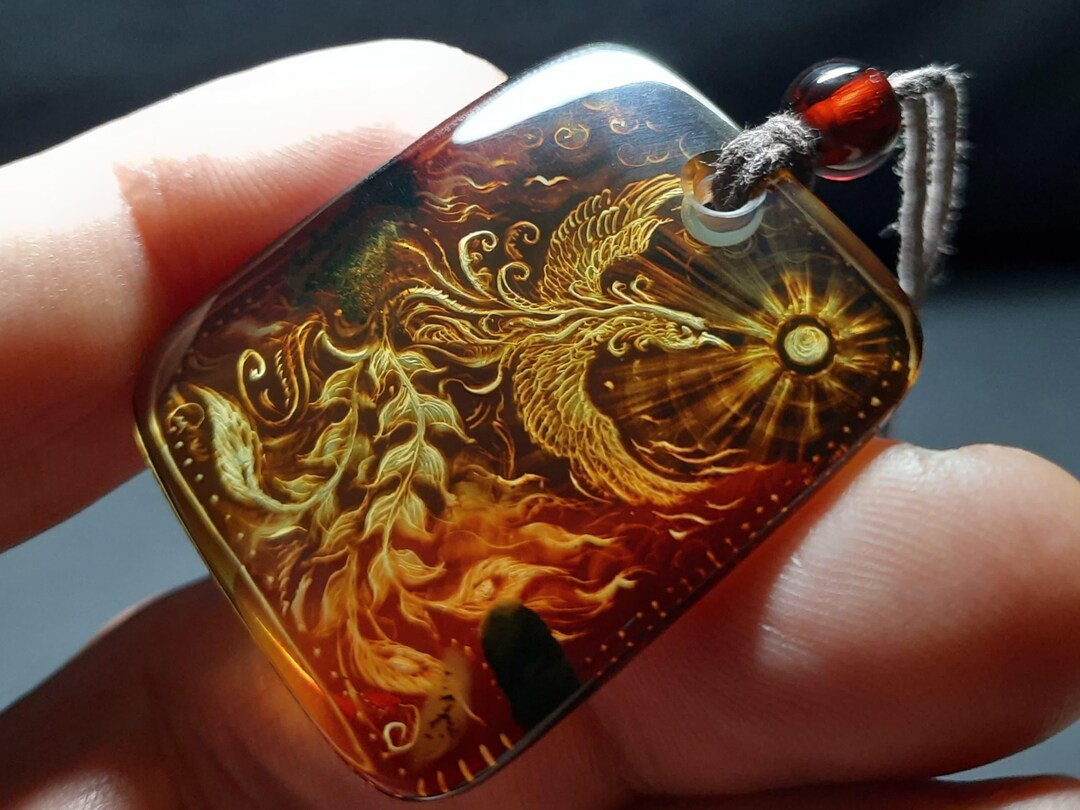 Hand-carved Baltic Amber Phoenix Necklace – Reverse Engraving Pendant ...