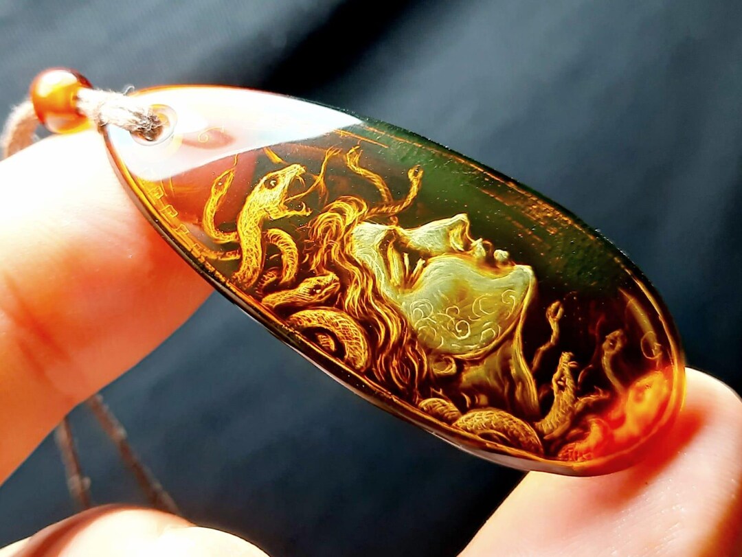 Hand-carved Medusa Baltic Amber Pendant – Reverse Engraving, Mythology ...