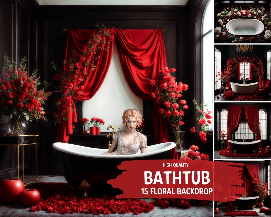 Red Rose Elegant Bathtub Photography Backdrops, Floral Vintage Bathtub ...