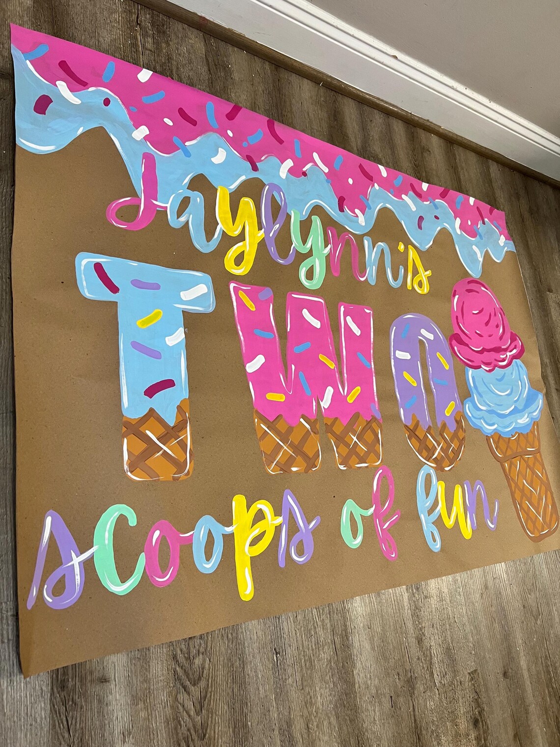 Hand Painted TWO Scoops of Fun Birthday Party Banner: Custom ...