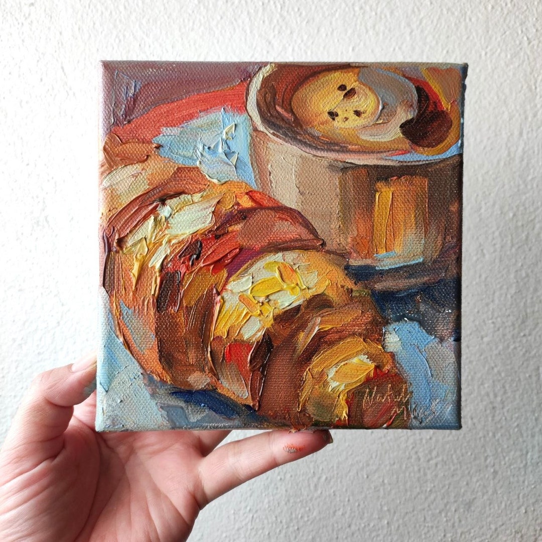 Coffee and Croissant Original Oil Painting on Canvas 6x6'' Food ...