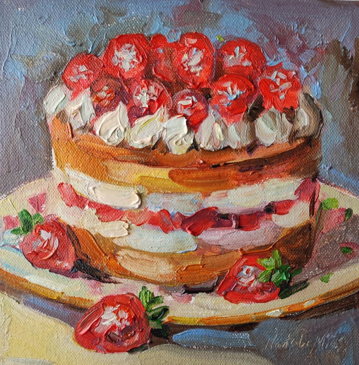 Strawberry Cake Original Oil Painting on Canvas 8x8'' Tasty Art for ...