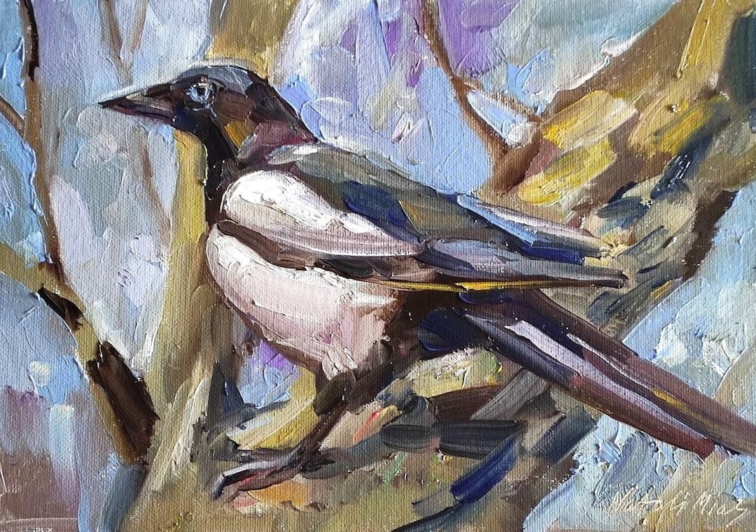 Magpie Original Oil Painting 8x12'' Bird Painting Bird Wall Art Magpie ...