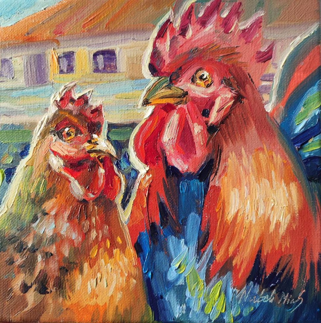 Rooster and Hen Original Oil Painting 8x8'' Cottagecore Farm Art ...