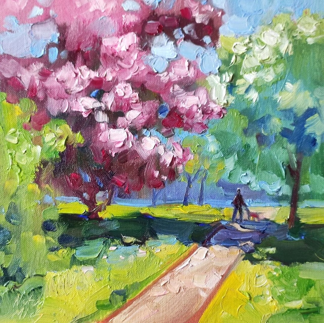 Spring Landscape Original Oil Painting 10x10'' Blossom Wall Art Man ...