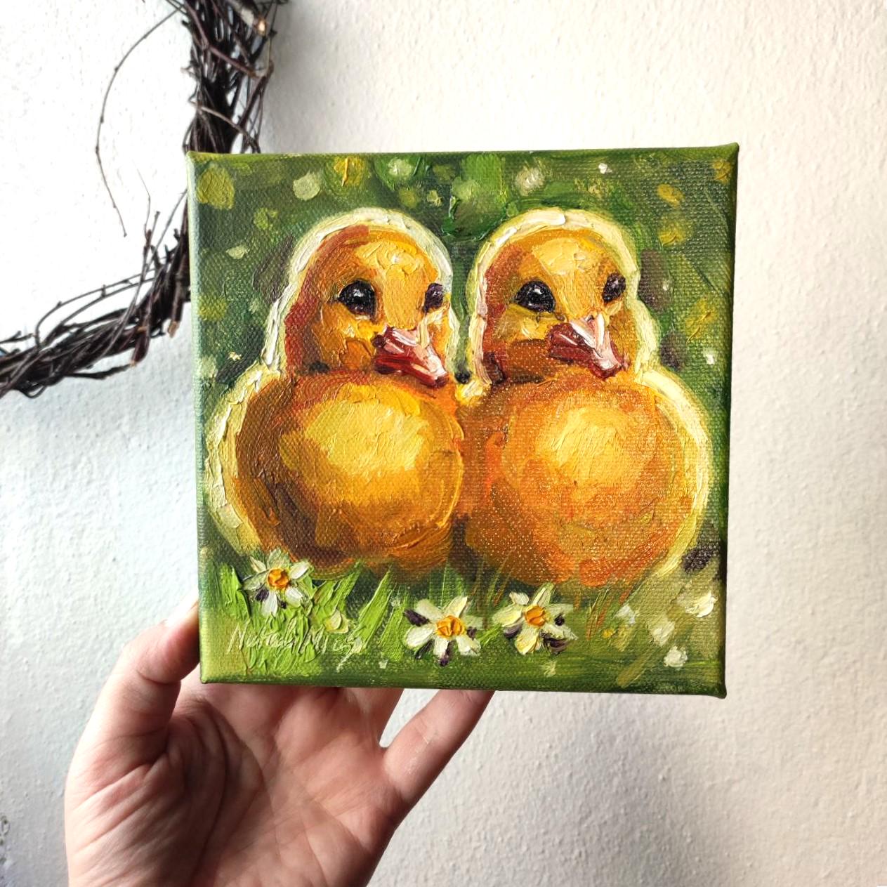 Little Ducklings Original Oil Painting 6x6'' Two Yellow Fluffy Duck Art ...